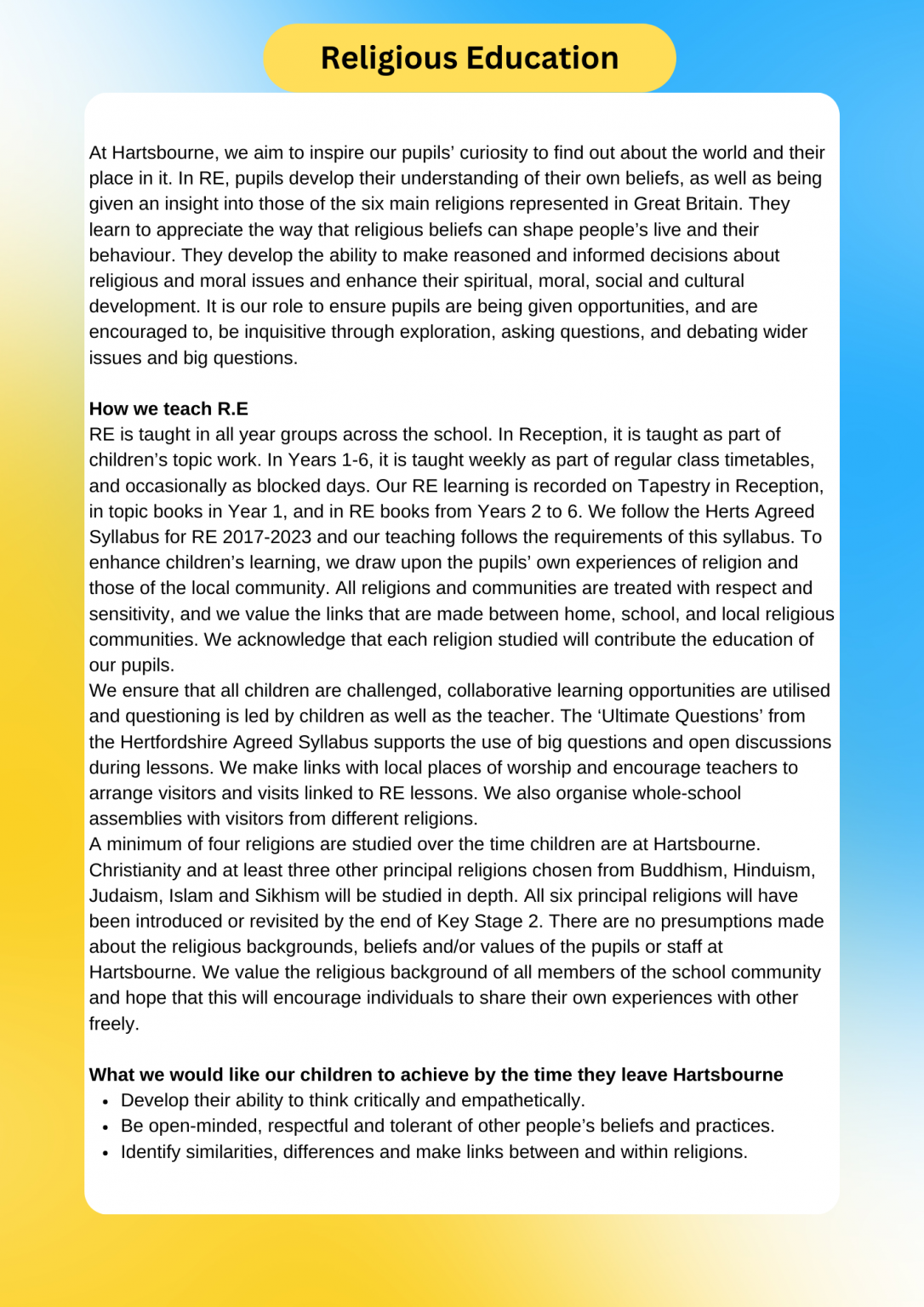 Religious Education – Hartsbourne Primary School